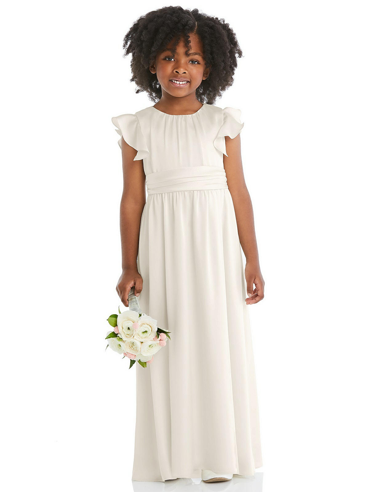 Ruffle Flutter Sleeve Whisper Satin Flower Girl Dress In Ivory | The ...