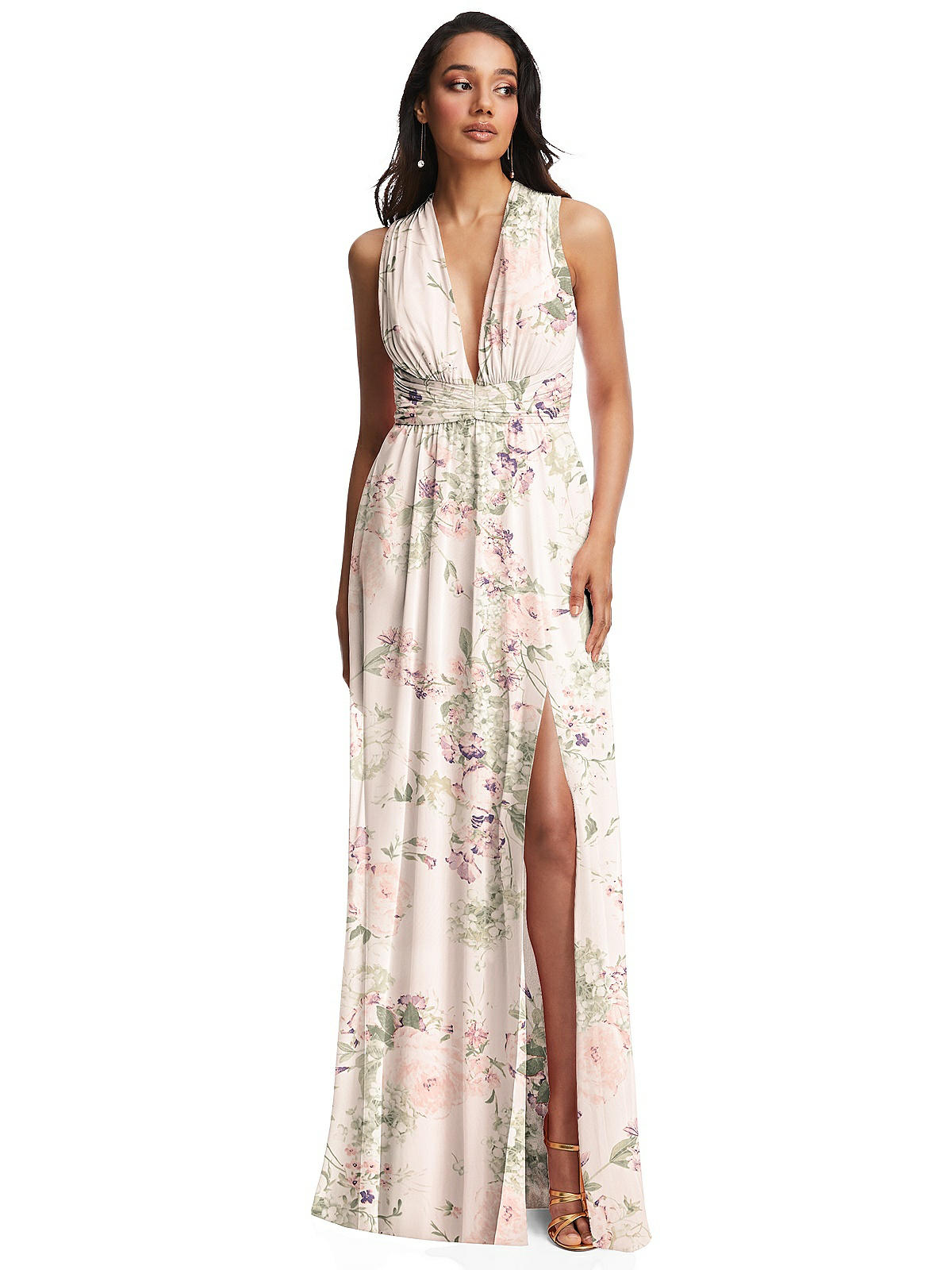 Shirred Deep Plunge Neck Closed Back Chiffon Maxi Bridesmaid Dress In ...