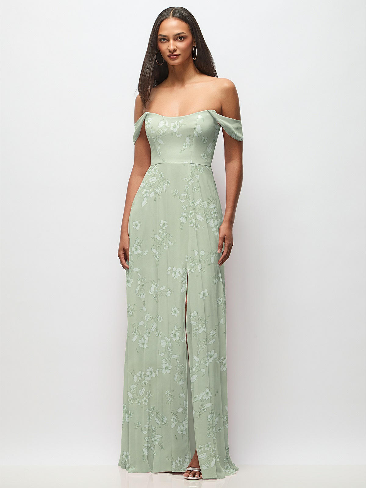 Off-the-shoulder Basque Neck Maxi Bridesmaid Dress With Flounce Sleeves ...
