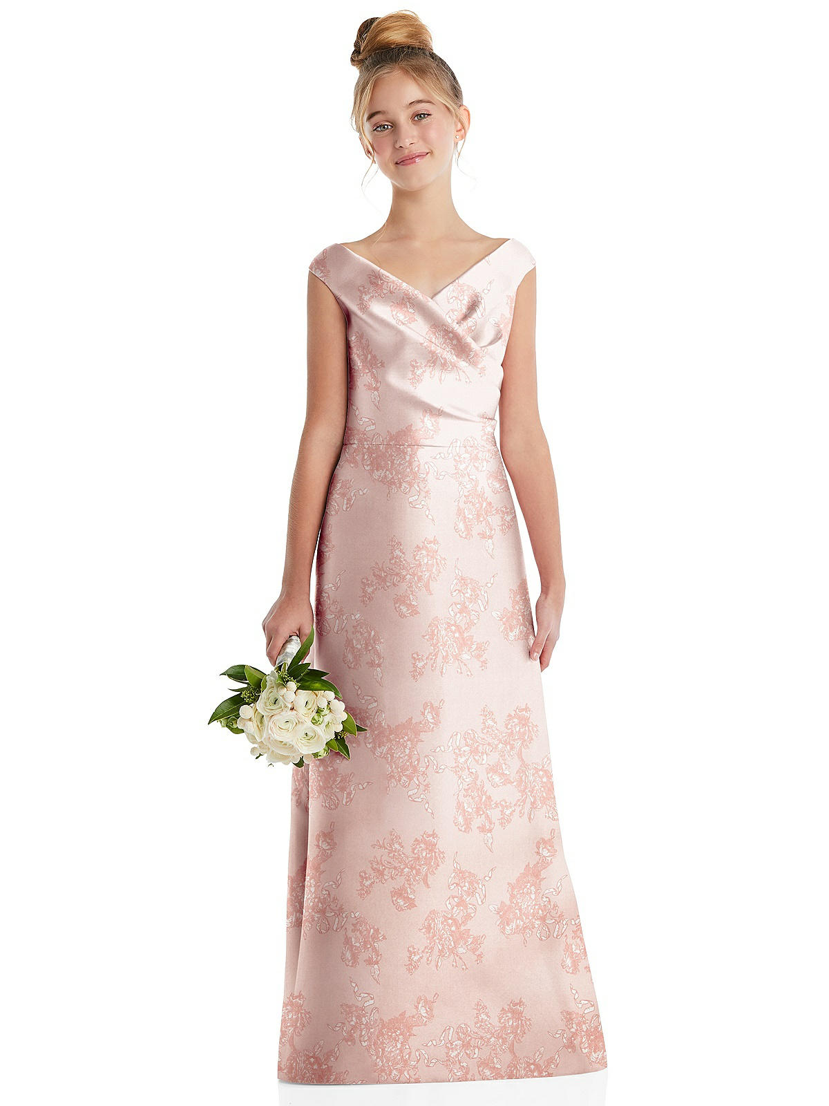 Floral Off-the-shoulder Draped Wrap Satin Junior Bridesmaid Dress In ...