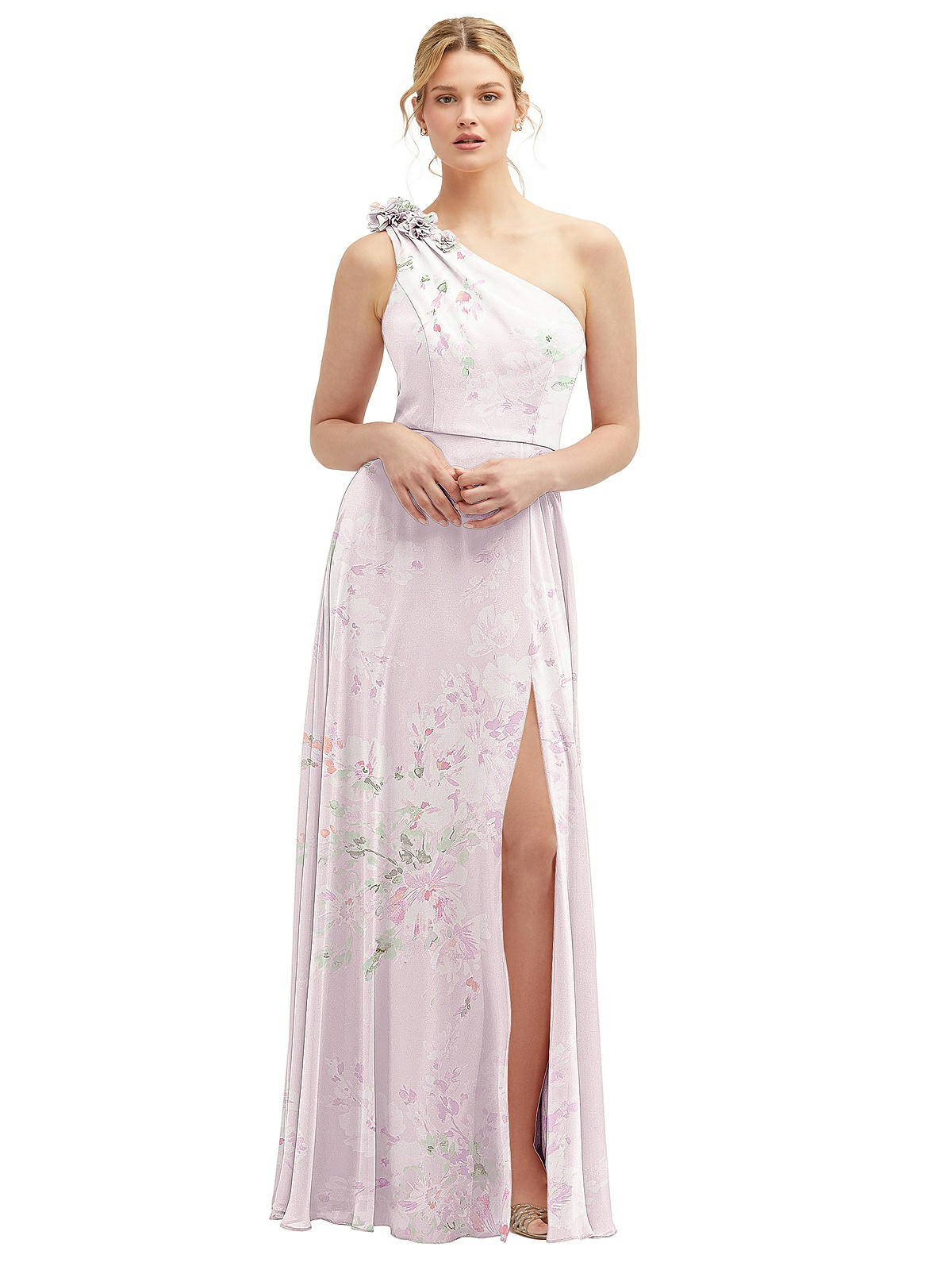Handworked Flower Trimmed One-shoulder Chiffon Maxi Bridesmaid Dress In ...
