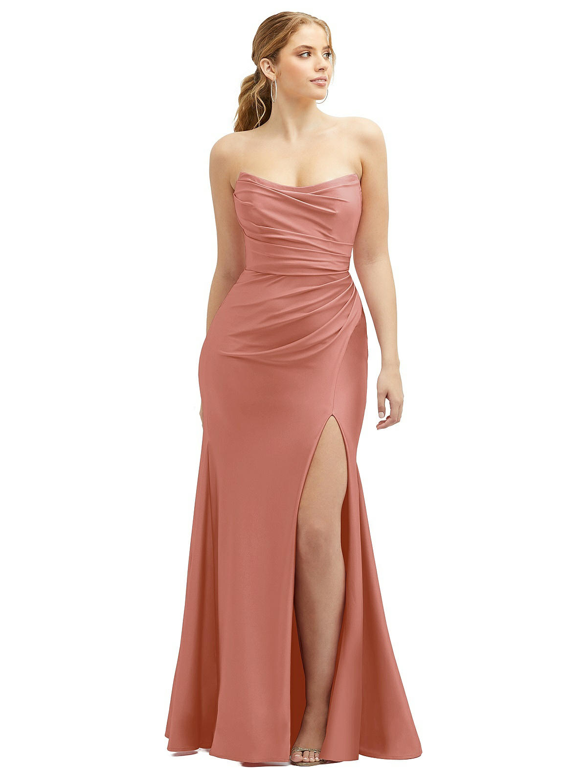 Strapless Basque-neck Draped Stretch Satin Mermaid Bridesmaid Dress ...