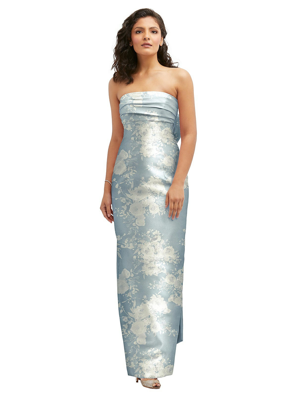 Floral Strapless Draped Bodice Column Bridesmaid Dress With Oversized Bow In Porcelain Blue ...