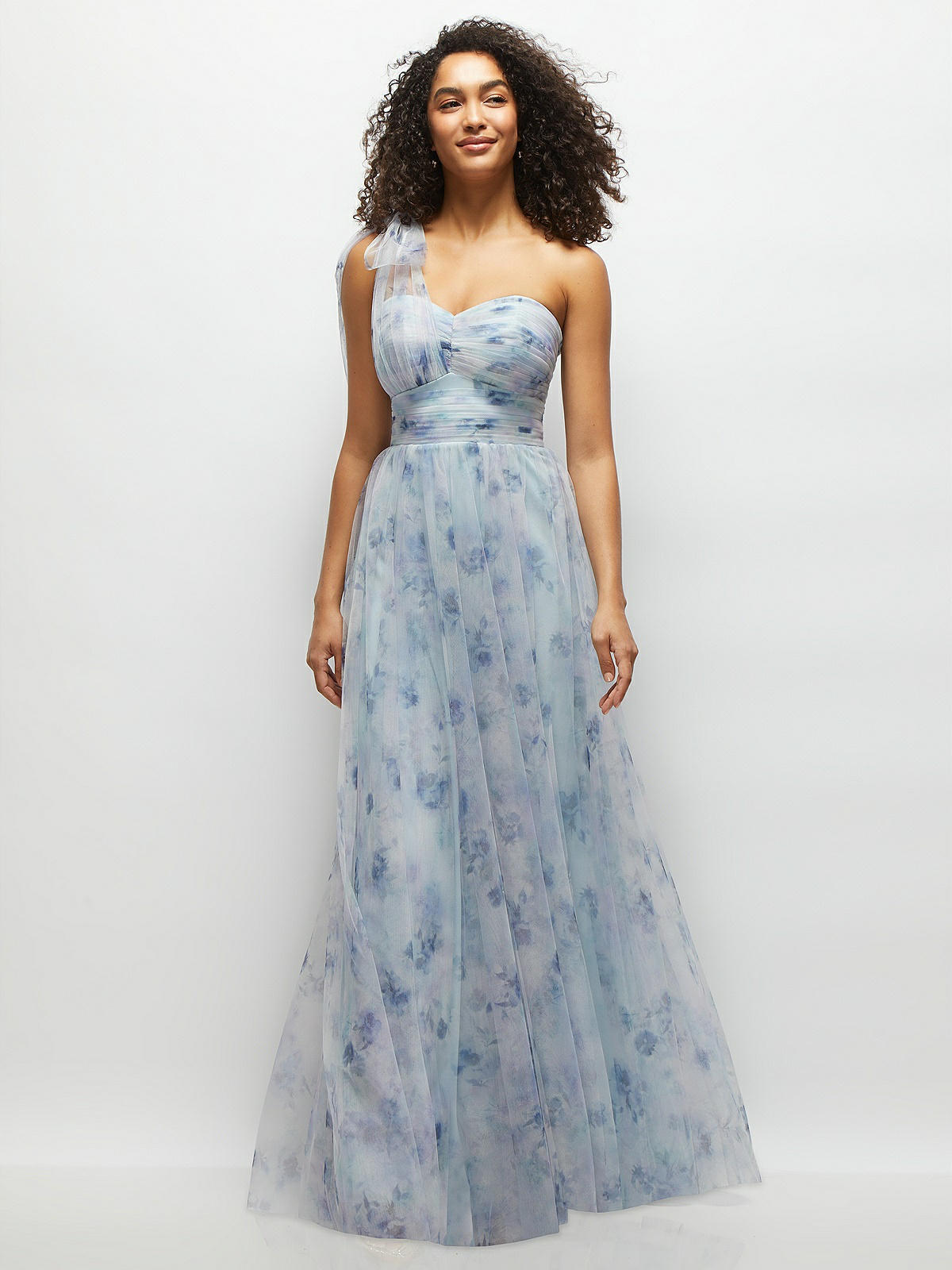 Floral Scarf Tie One-shoulder Tulle Bridesmaid Dress With Long Full ...