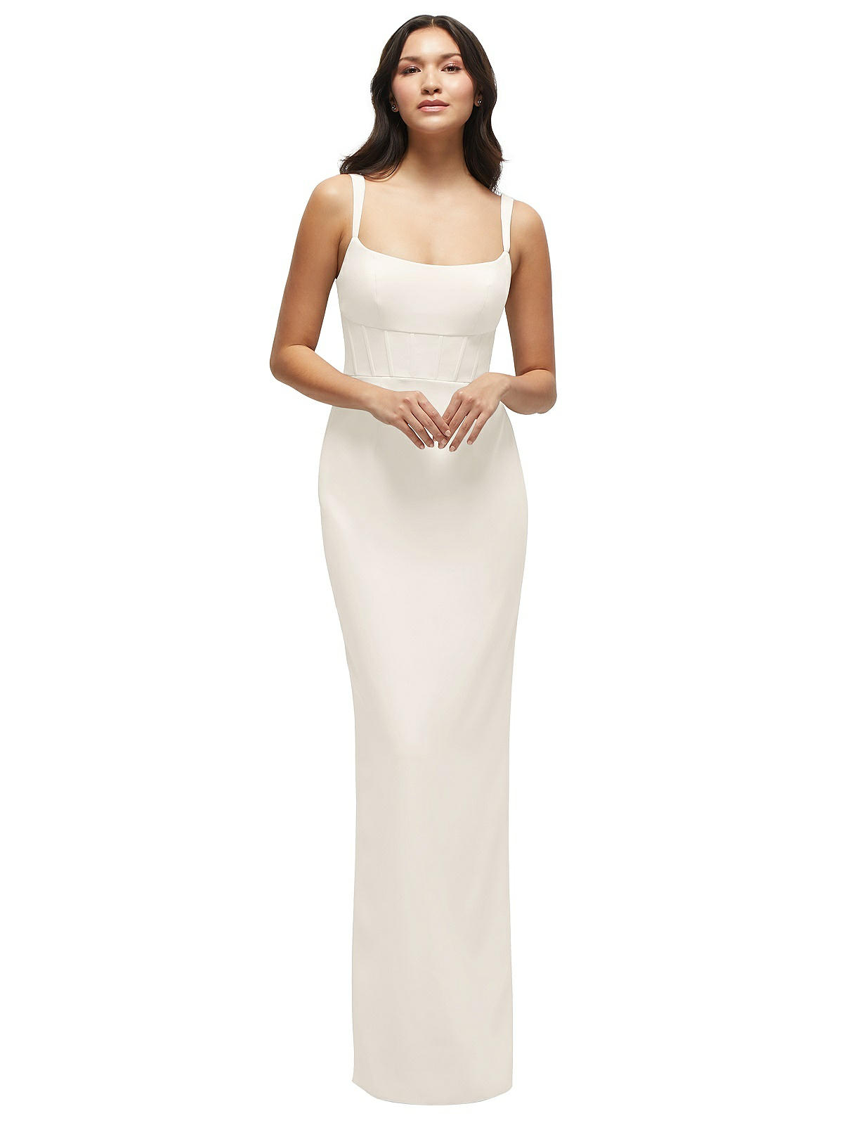 Corset Midriff Crepe Column Maxi Bridesmaid Dress In Ivory | The Dessy ...