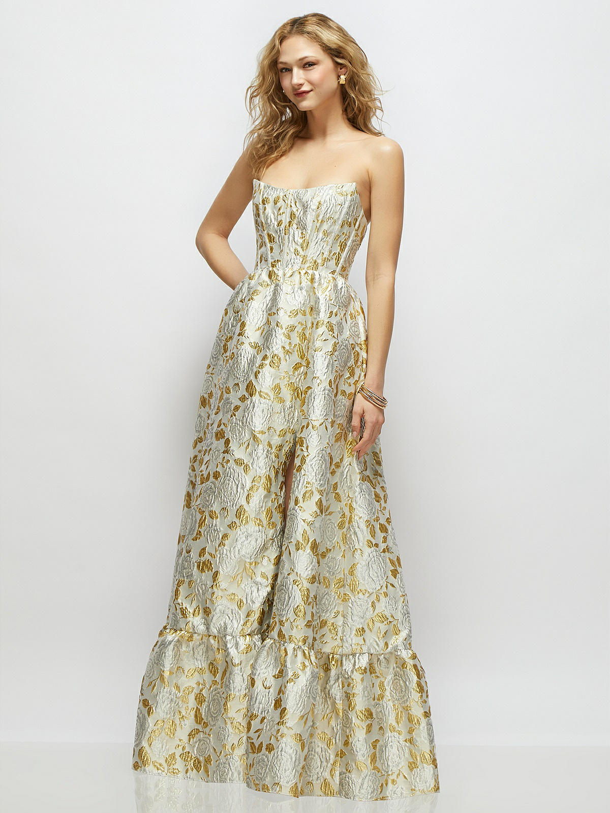 Strapless Cat-eye Boned Bodice Gold Leaf Brocade Maxi Bridesmaid Dress With Ruffle Hem In Winter ...