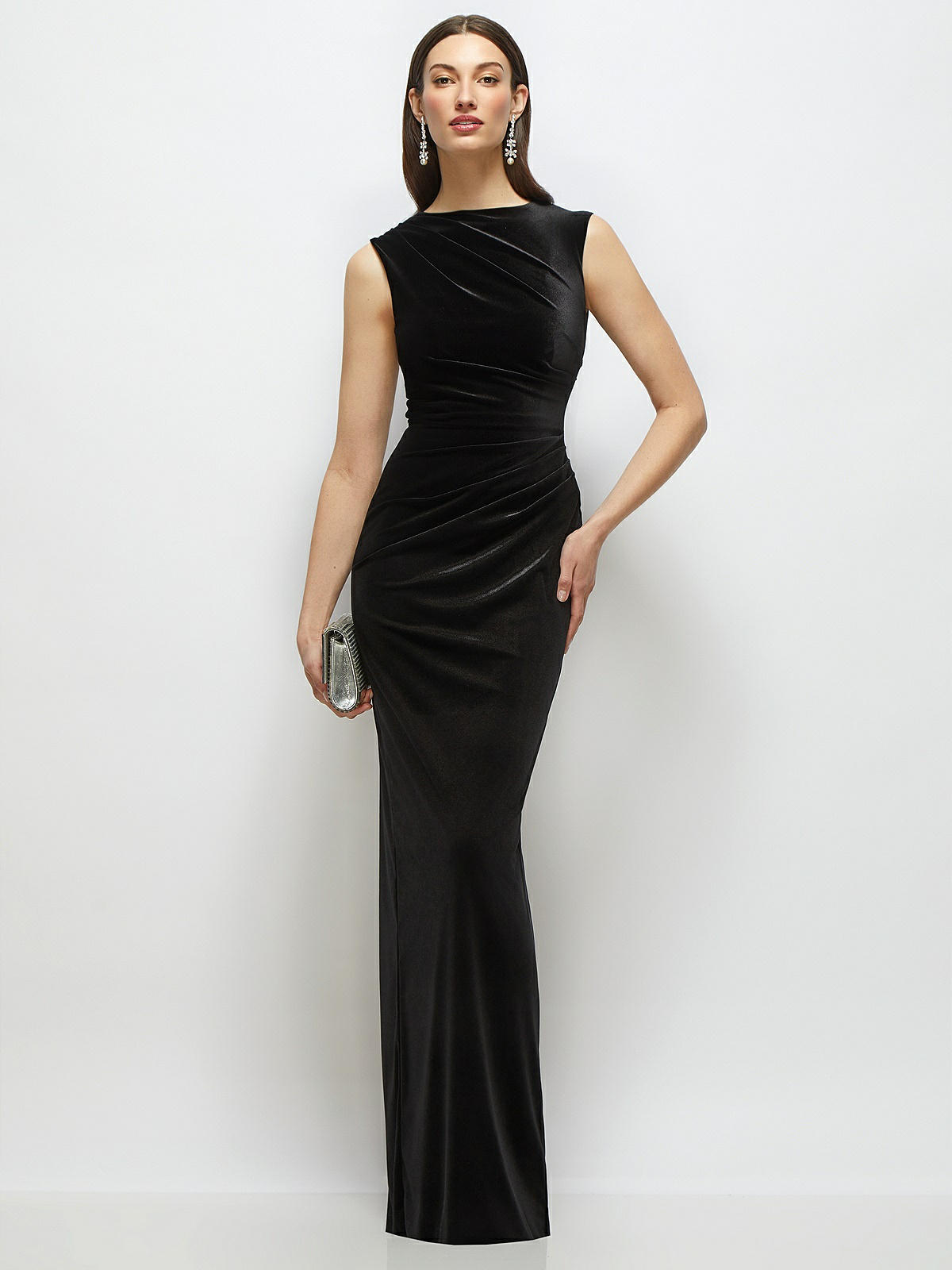 High-neck Cap Shoulder Pleated Bodice Velvet Column Maxi Bridesmaid Dress In Black | The Dessy Group