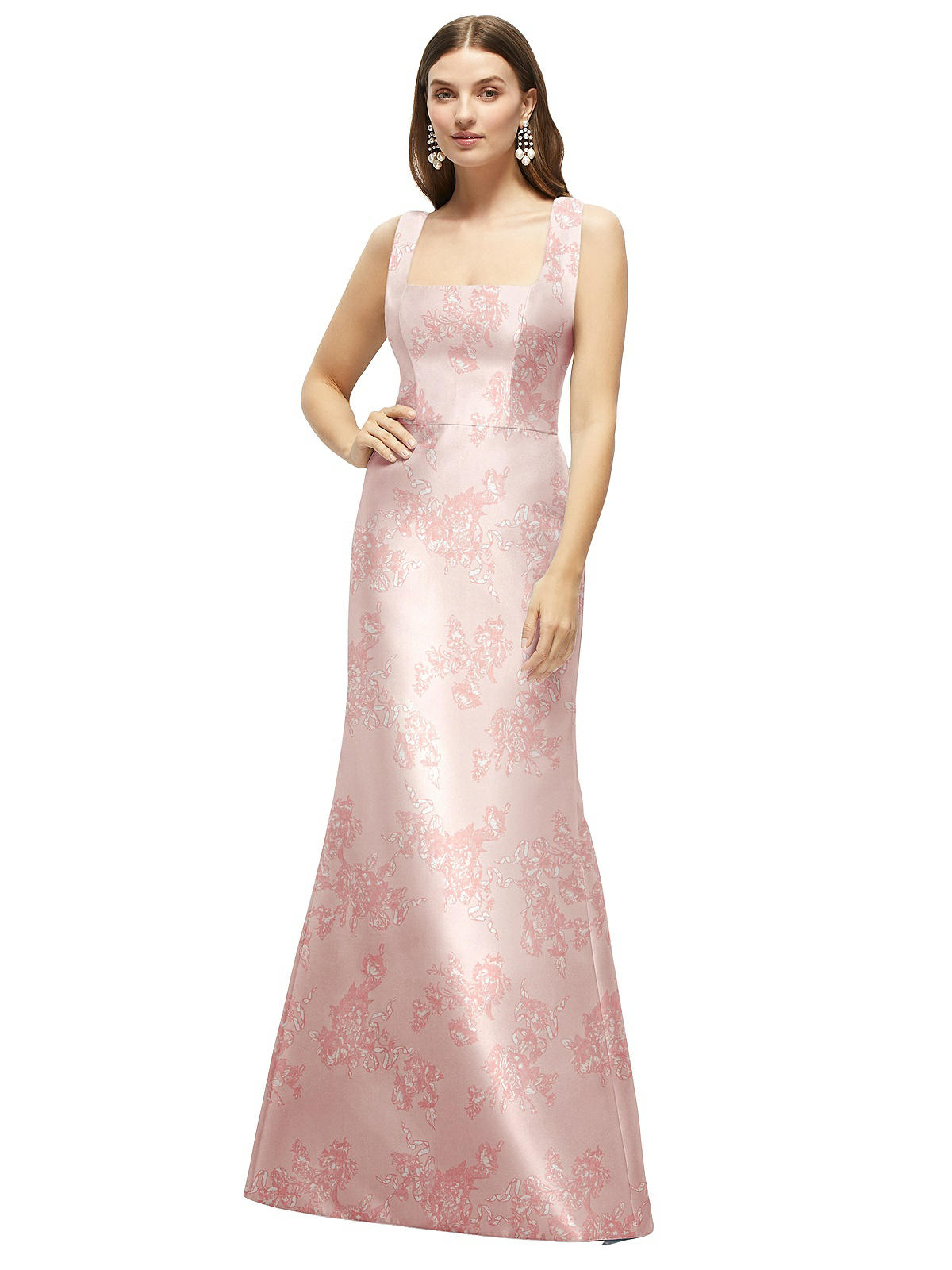 Floral Satin Square Neck Fit And Flare Maxi Bridesmaid Dress In Bow And ...