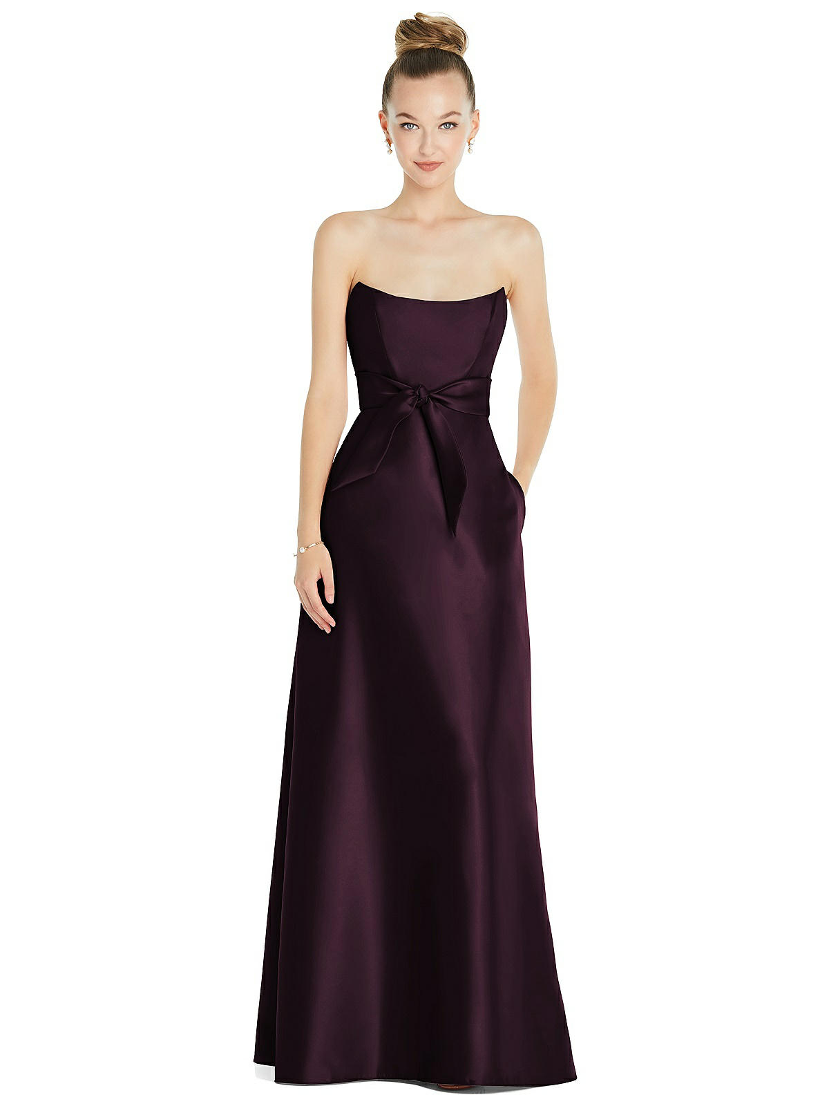 Basque-neck Strapless Satin Bridesmaid Dress With Mini Sash In Deep ...