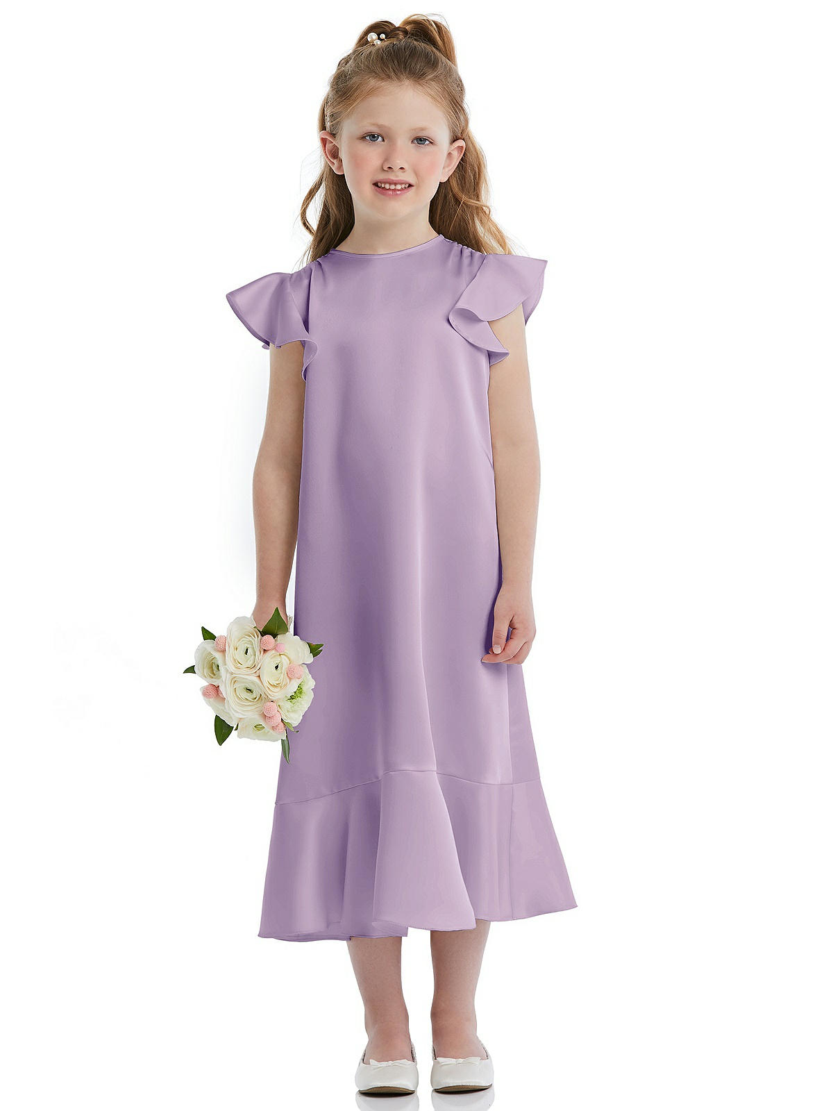 Flutter Sleeve Ruffle-hem Satin Flower Girl Dress In Pale Purple | The ...