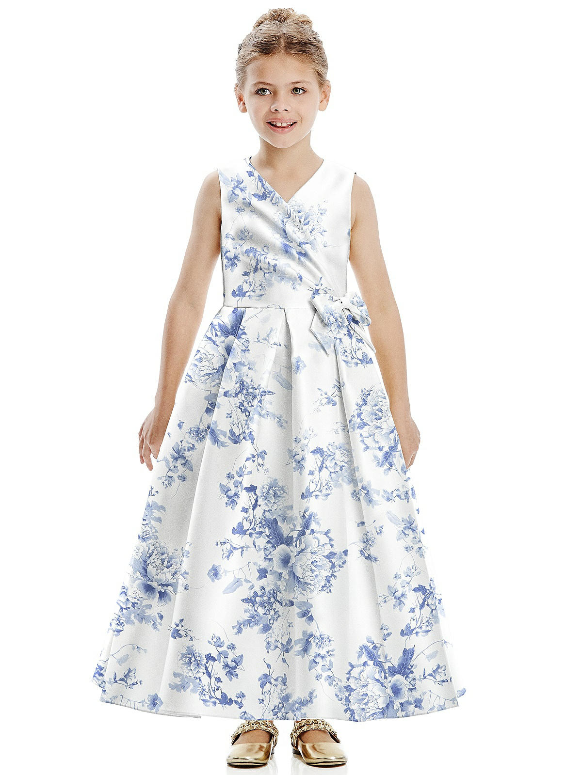 Floral Faux Wrap Pleated Skirt Satin Flower Girl Dress With Bow In ...