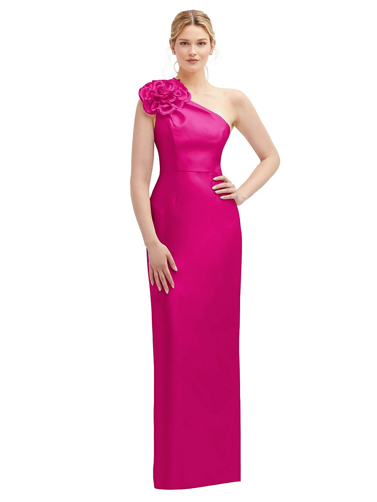 Oversized Flower One-shoulder Satin Column Bridesmaid Dress In Think ...