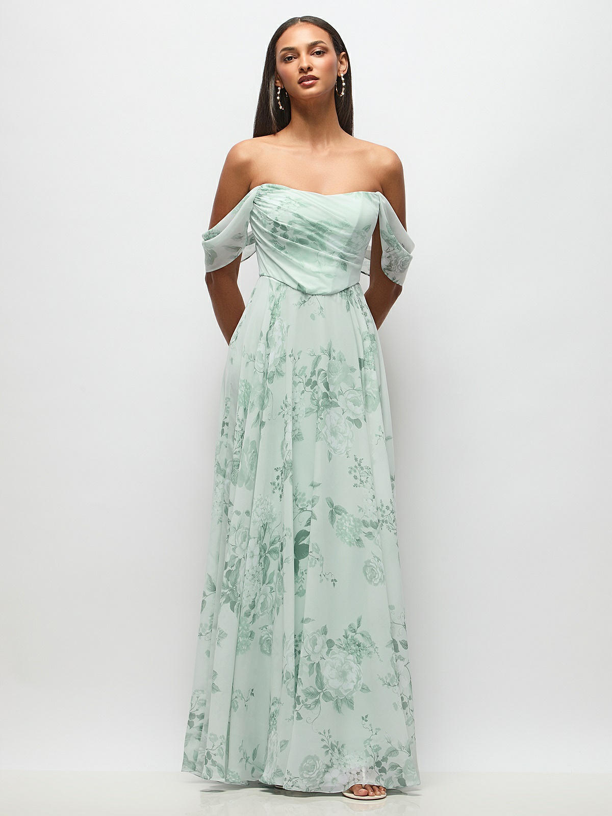 Off-the-shoulder Basque Corset Floral Chiffon Maxi Bridesmaid Dress In ...