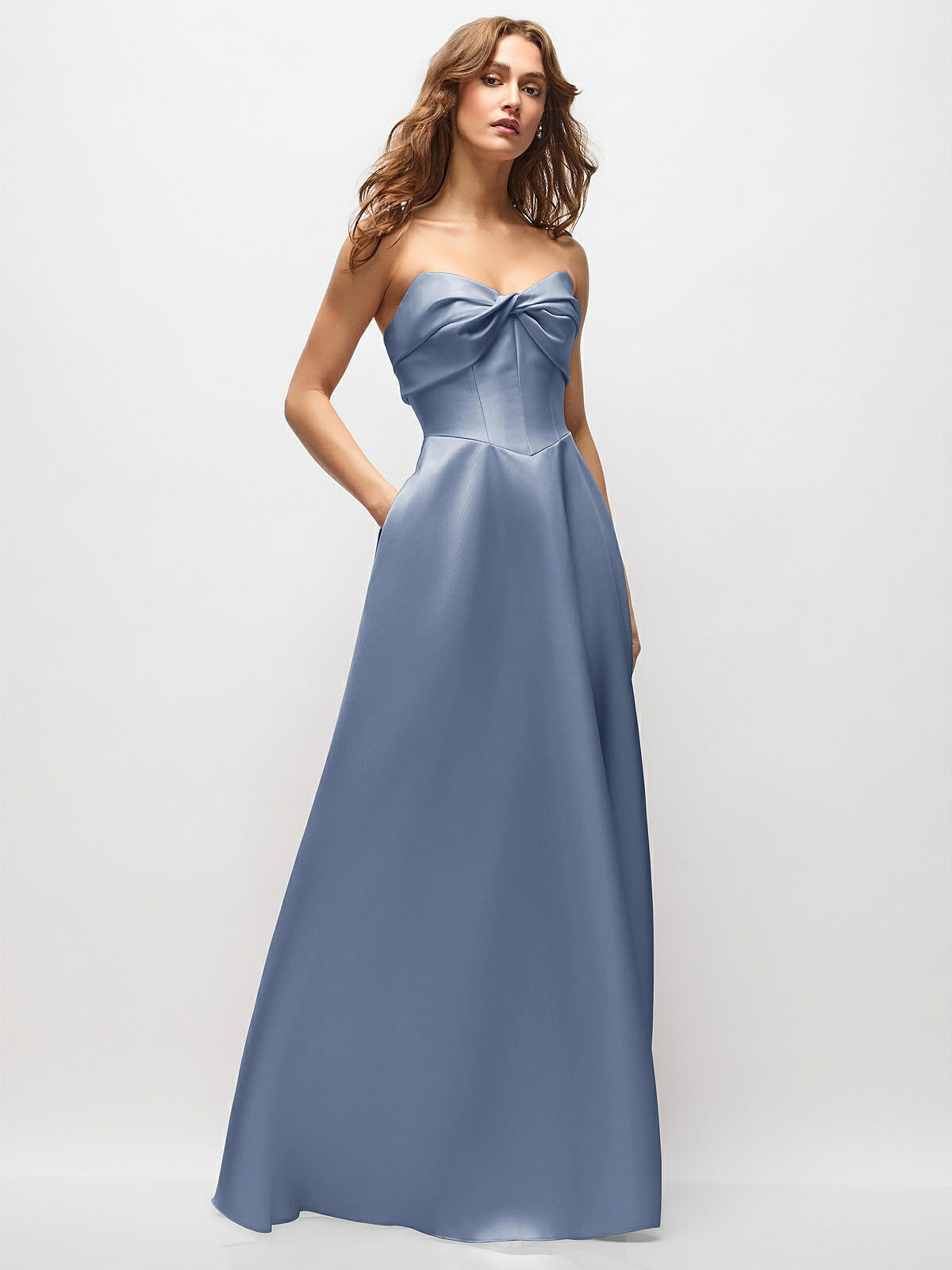 Strapless Twist Cuff Neck Satin Maxi Bridesmaid Dress With Basque-waist ...